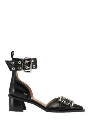 GANNI Leather Chunky Block Heel Ankle Strap Sandals With Buckles - Black