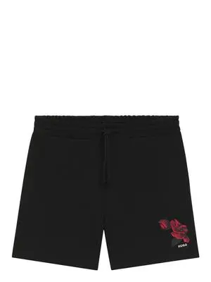 Hugo Boss Cotton Blend Elasticated Waist Shorts With Floral Applique - Black