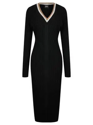 Hugo Boss Ribbed Knit Bodycon Midi Dress With V-neckline Trim - Black