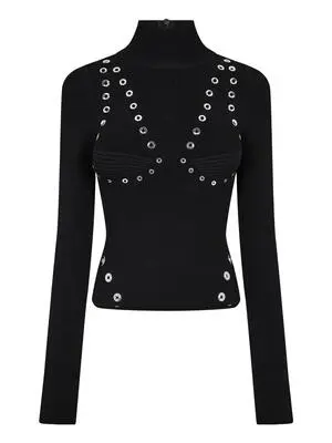 Off-White High-neck Sweater With Silver Studded Details And Back Zipper - Black
