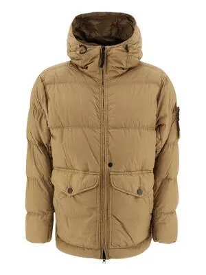 Stone Island Logo Patch Hooded Puffer Jacket - Biscuit