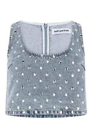 SELF-PORTRAIT Rhinestone Embellished Denim Top - Blue