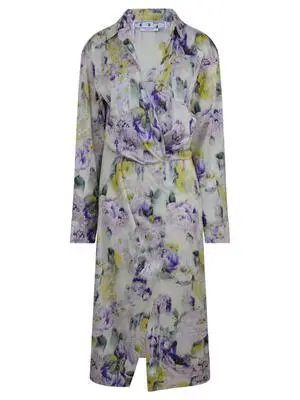 Off-White Floral Print Satin Twist Long Dress - Gray