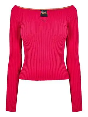 Hugo Boss Ribbed Knit Sweater With Keyhole Neckline Red