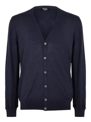 Fendi V-neck Cardigan With Ribbed Cuffs And Hem - Blue