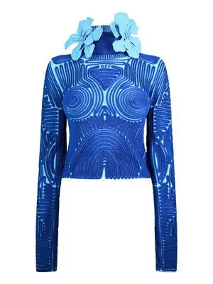 Off-White Flower Embroidered Knit Top - Blue