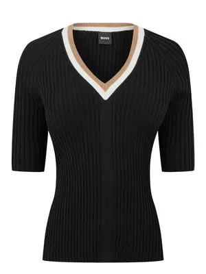 Hugo Boss Ribbed V-neck Short Sleeve Top - Black