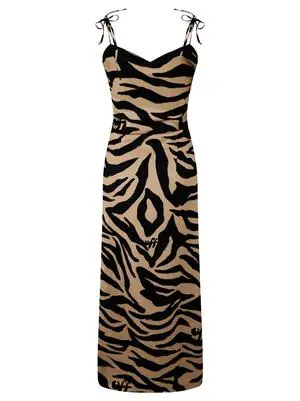 Off-White Zebra Print Midi Dress With Sweetheart Neckline - Black