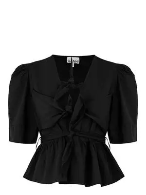 GANNI Ganni Black Tie Detailed V-Neck Blouse Black