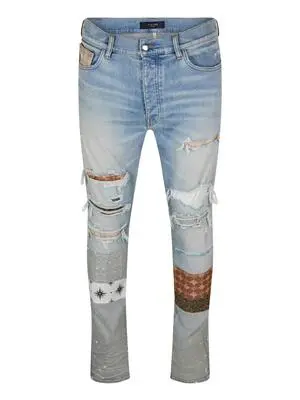 Amiri Distressed Skinny Jeans With Patchwork Detail - Gray