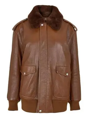 Prada Leather Bomber Jacket With Fur Collar - Brown