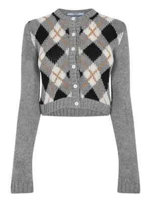 Prada Argyle Jacquard Cropped Knit Cardigan - Black