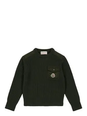 Moncler Crew Neck Knitted Sweater With Logo Patch Pocket - Black