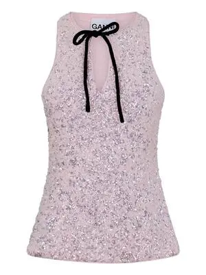 GANNI Sequined Halter Top With Bow Detail - Pink