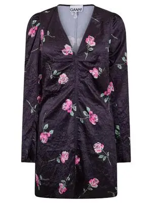 GANNI Floral V-neck Long Sleeve Mini Dress - Black