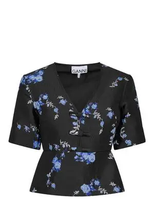 GANNI Ganni Black Floral Print Peplum Top