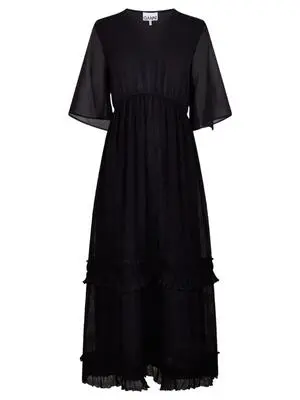 GANNI Ruffled Short Sleeve Maxi Dress - Black