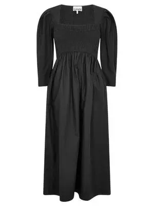 GANNI Ganni Pleated Square Neck Long Sleeve Dress Black