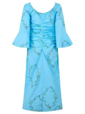 GANNI Floral Print Ruched Midi Dress - Blue