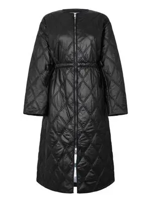 GANNI Quilted Long Coat With Elasticated Waist - Black