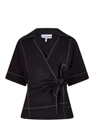 GANNI Wrap Blouse With Drawstring - Black