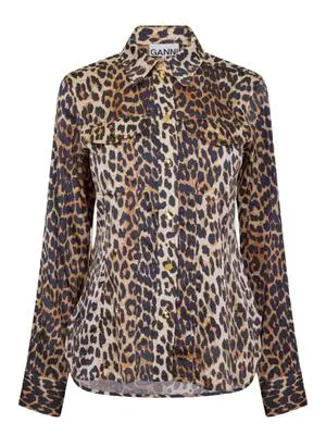 GANNI Ganni Slim Fit Leopard Print Shirt