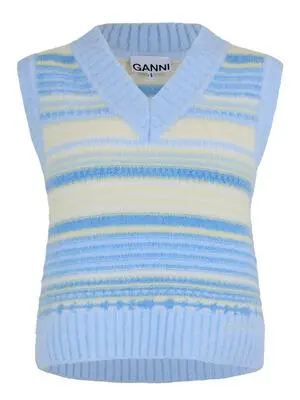 GANNI Striped V-neck Knit Vest - Blue