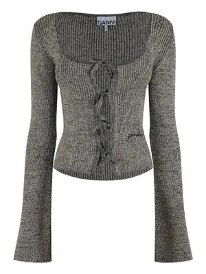 GANNI Long-sleeve Ribbed Knit Top With Square Neckline And Lace-up Detail - Black