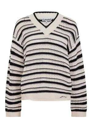 GANNI Striped Long Sleeve Knitwear - White