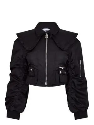 GANNI Duchesse Cropped Jacket With Lace Collar - Black