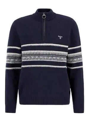 Barbour Long-sleeved Zip-up Sweater With Patterned Trim - Navy