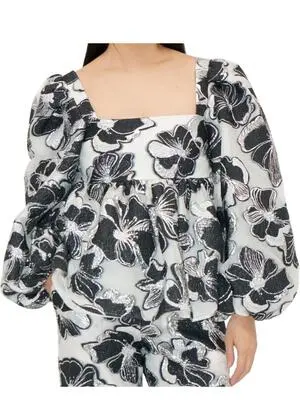 Stine Goya Square Neck Floral Long Sleeve Top - Black