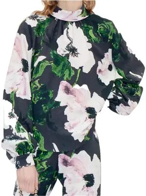 Stine Goya Long Sleeve Floral High Neck Top - Black