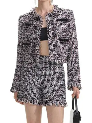 SELF-PORTRAIT Fringed Tweed Cropped Jacket - Gray