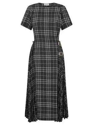 Burberry Plaid Midi Dress With Side Buckles And Pleated Details - Black