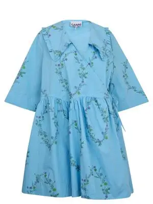GANNI Printed Mini Wrap Dress - Blue