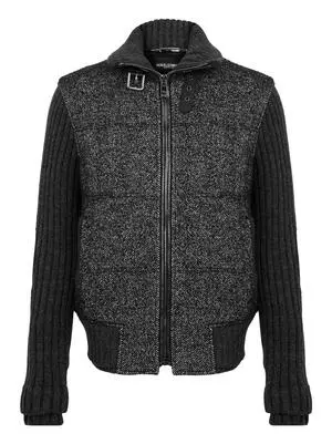 Dolce & Gabbana Ribbed Knit Jacket With Tweed Blend - Black