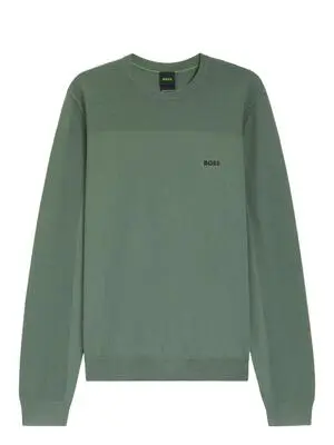 Hugo Boss Crew Neck Long Sleeve Knit Top With Textured Sleeves - Green