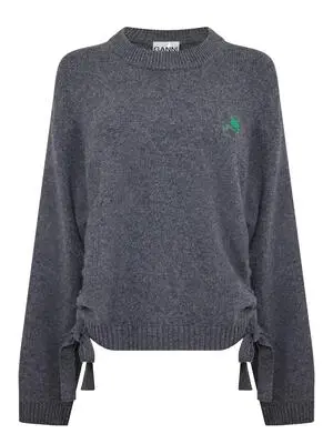 GANNI Ganni Crewneck Knit Sweater With Side Tie Details Gray