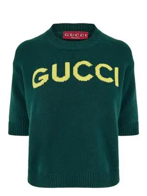 Gucci Cropped Short Sleeve Knit Top With Yellow Logo - Green