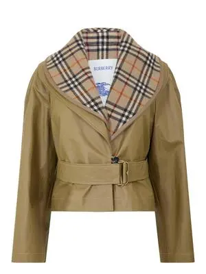 Burberry Khaki Belted Cropped Jacket With Plaid Lapel - Brown