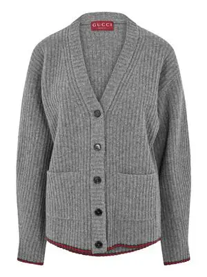 Gucci V-neck Ribbed Knit Cardigan With Red Trim - Gray