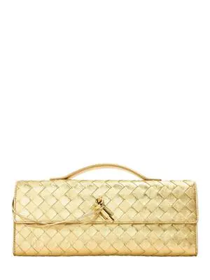 Bottega Veneta Metallic Woven Leather Clutch With Top Handle - Nude
