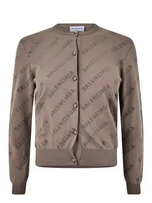 Balenciaga All-over Letter Print Crew Neck Cardigan - Gray