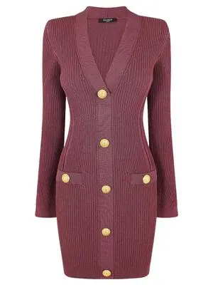 Balmain V-neck Knitted Mini Dress With Button Detail - Red