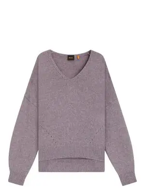 Hugo Boss Boss Fondyssa V-neck Wool Jumper With Logo Detail - Gray