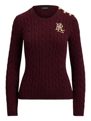 RALPH LAUREN Ralph Lauren Burgundy Cable-Knit Crewneck Sweater With Gold Monogram And Button Detail