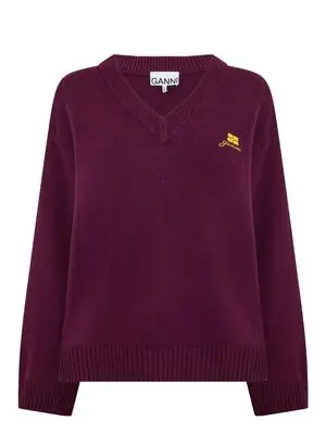 GANNI V-neck Knit Sweater With Embroidered Logo - Red
