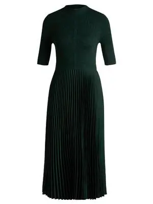 Hugo Boss Midi Dress With Ribbed Knit Top And Pleated Skirt - Black