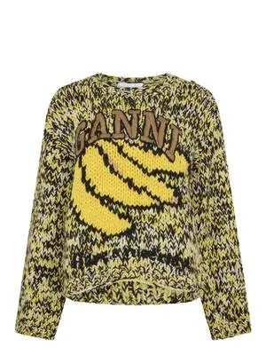 GANNI Ganni Marled Knit Crew Neck Sweater With Banana Appliqué